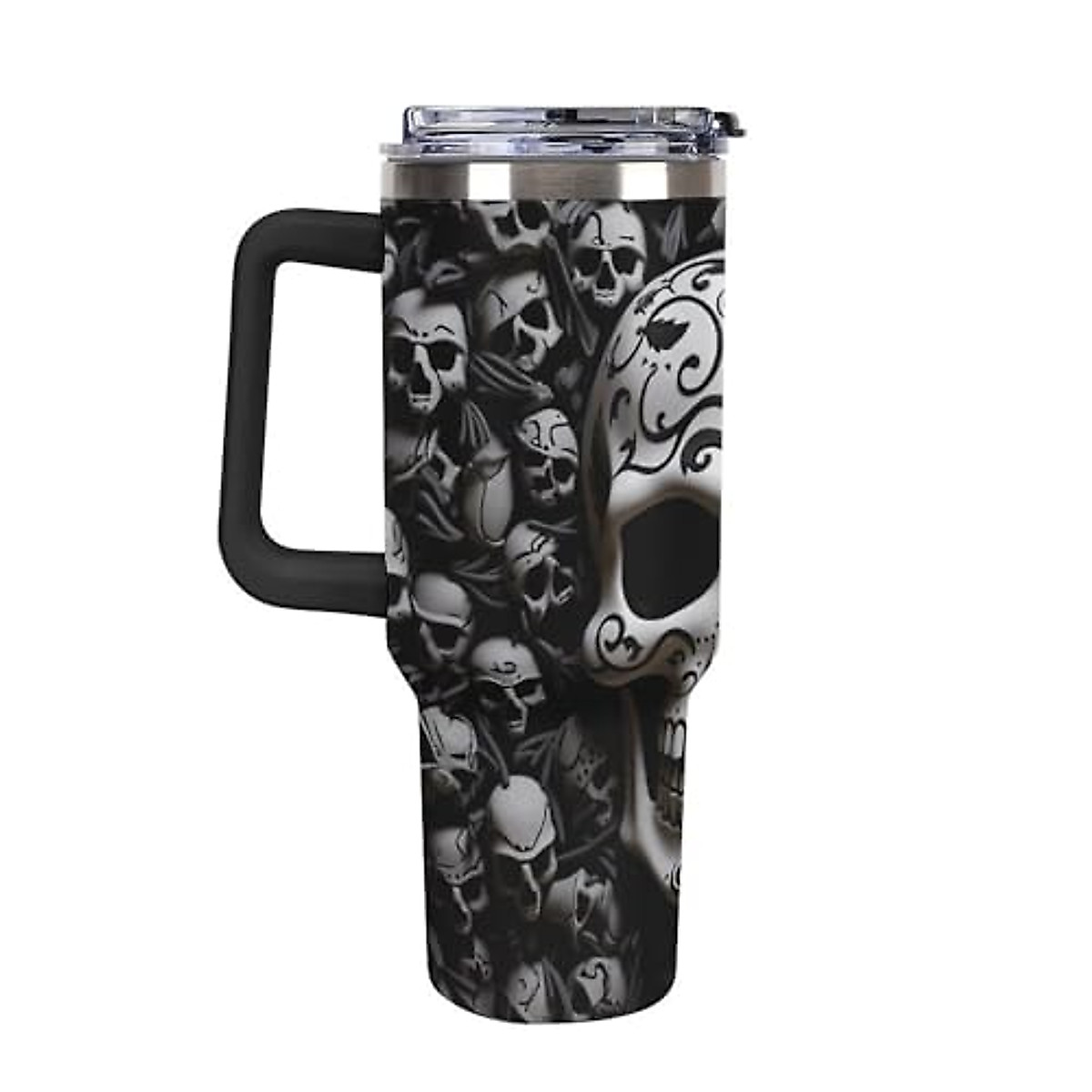 FZQVSGW Black And White Skulls 40 Oz Tumbler with Handle And Straw Stainless Steel Vacuum Insulated Tumblers Reusable Keep Drinks Cold Coffee Cup Holder Friendly Gifts for Women Men Car Gym Travel