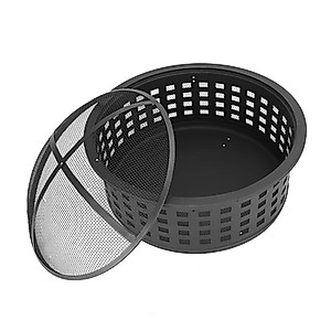 LIUXUEFE Round Outdoor Fire Pit, Brazier Poker Spark Screen Outside Flame Retardant Net Cover, Metal Grate Black