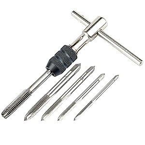 YAKAMOZ Ratchet T-Handle Tap Holder Wrench with 5Pcs Metric M3 M4 M5 M6 M8 Machine Screw Taps Set T Type Thread Tapping Tool