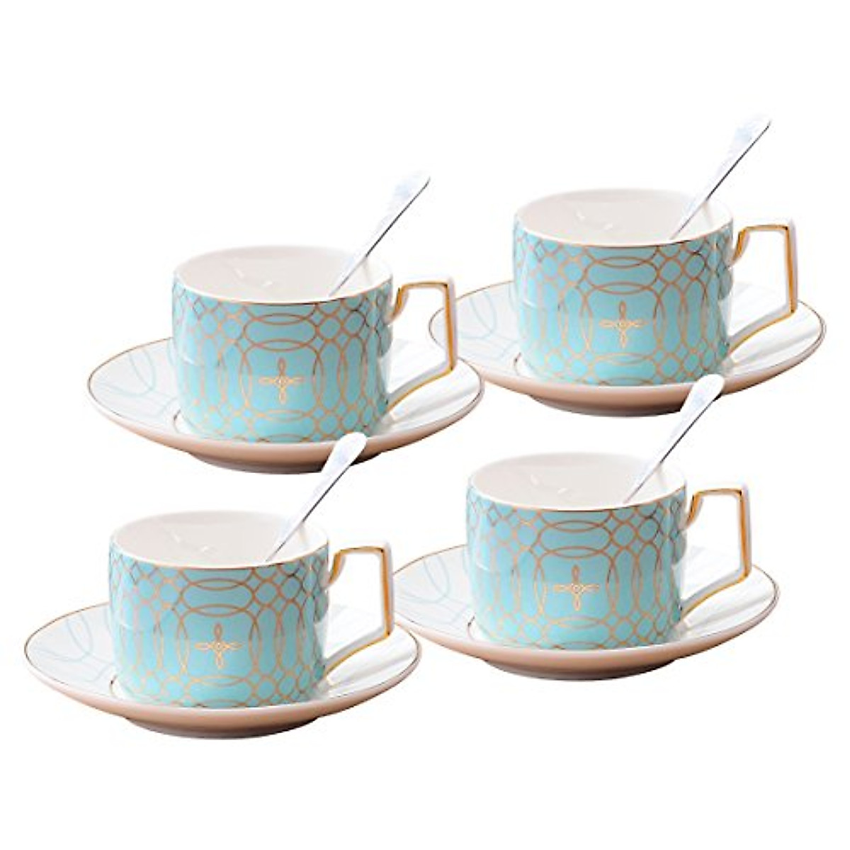 Jusalpha Porcelain Tea Set-Service of 4- Modern Elegant Mint Green Tea Cup and Saucer Set-Coffee Cup Set with Saucer and Spoon,TCS15 (4) (Blue)