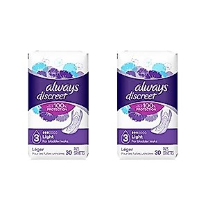 Always Discreet, Incontinence Light Pads, 3 Drops - 30 Pads each (Value Pack of 2)