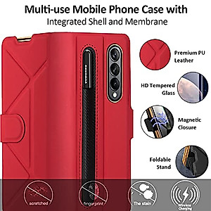 NINKI Compatible Magnetic Leather Case for Samsung Galaxy Z Fold 4 Case with Screen Protector and Stand 2022 Luxury Business Protective Samsung Z Fold 4 5G Phone Case with S Pen Holder Women- Red