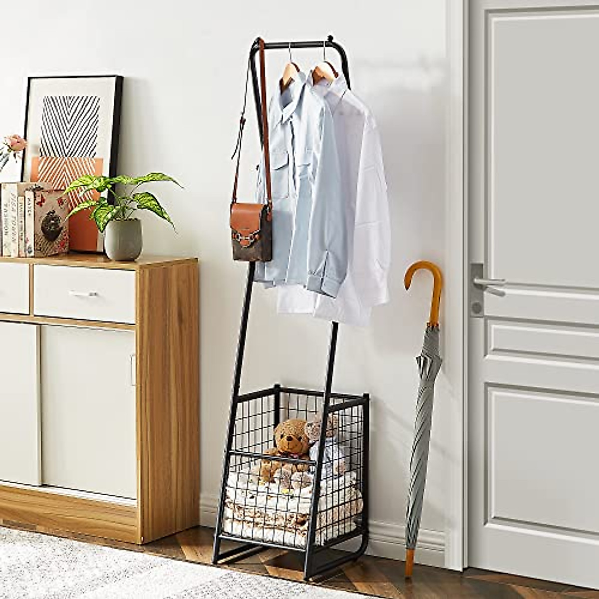 VECELO Metal Coat Rack Stand with Anti-Drop Design, Space Saving Hall Trees with Steel Basket,Small Garment Organizer with 2 Handy Cloth Rails and Slipper Space, Rectangle, Rustic Brown