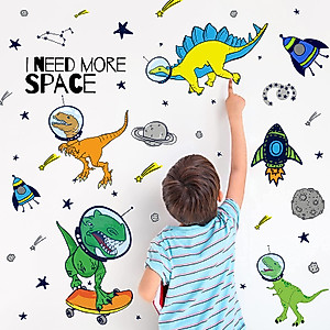 Yovkky Boys Space Dinosaurs Astronauts Wall Decal, Peel Stick Funny Dino Animal Planet Sticker Nursery Rocket Spaceship Decor, Home Baby Room Decorations Kids Bedroom Playroom Art Party Supply Gifts