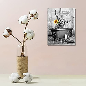 Rinsiken Highland Cow Wall Art in Bathtub Canvas Print - Black and White Photo Bubble Funny Cattle Pictures Animal Painting Farmhouse Artwork 12x16 inch for Wall