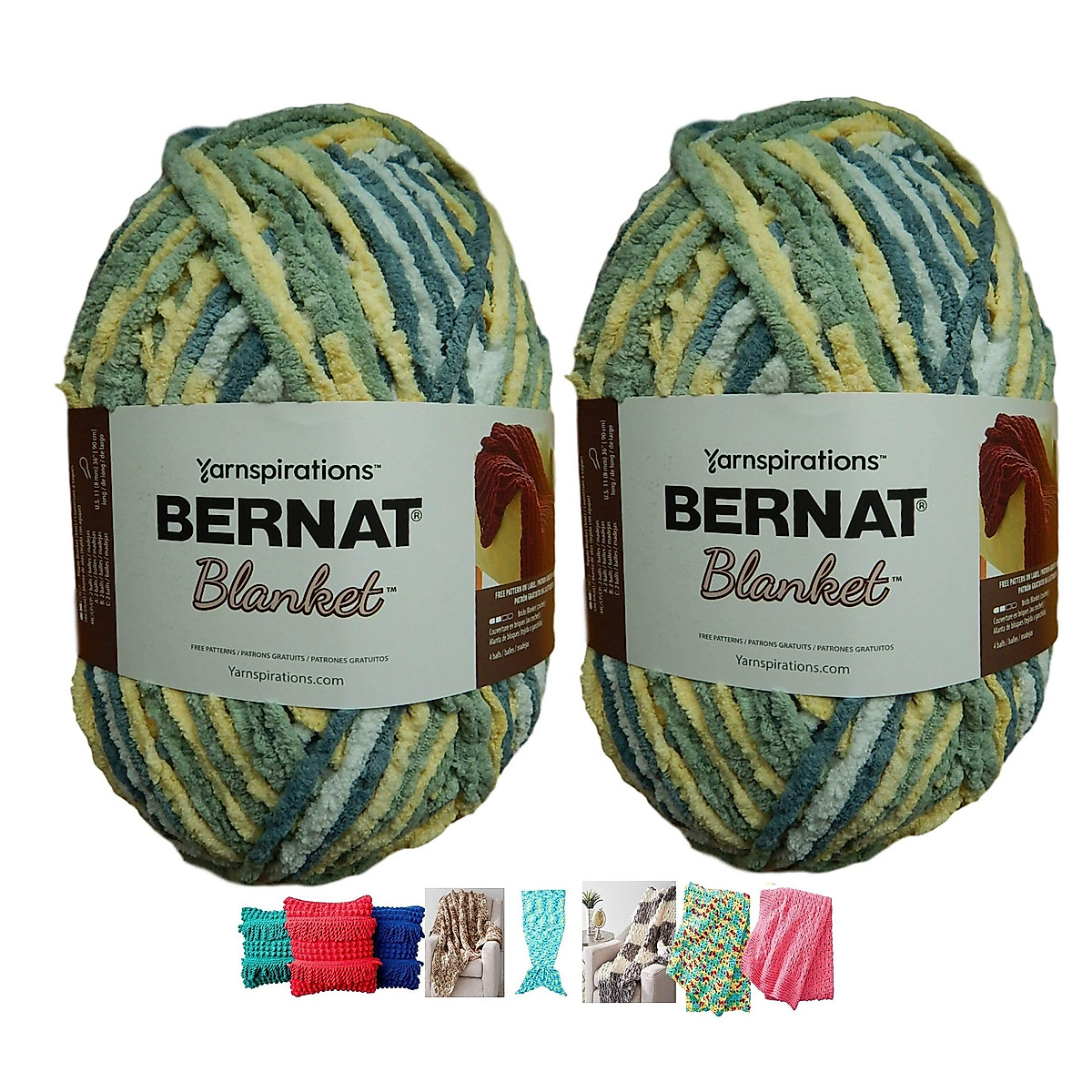 Big Ball Blanket Yarn 2-Pack Bundle by Bernat Plus 6 Blanket Yarn Patterns Super Bulky #6 10.5 Ounce Ball 220 Yards (Soft Sunshine Green)