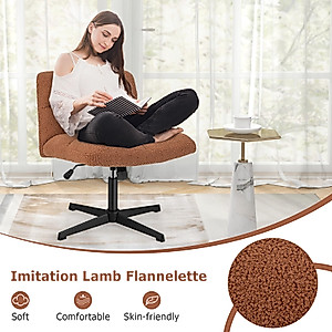 COSTWAY Cross Legged Office Chair, Armless Wide Seat Swivel Desk Chair No Wheels, Height Adjustable Mid Back Computer Task Chair, Modern Faux Lamb Fleece Vanity Chair for Home Office (Brown)