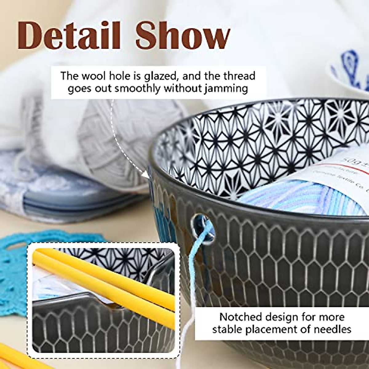 Ceramic Yarn Bowl Large Knitting Bowl, 6.1 x 3.7 Inches, Handmade Yarn Holder for Crocheting, Ball of Yarn for Tangle-Free, Holder for Crochet, Portable Decorative Knitting Bowl