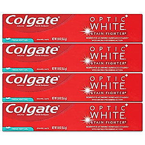 Colgate Optic White Toothpaste, Stain Fighter, Fresh Mint Gel, Travel Size 2.0 oz (56.6g) - Pack of 4