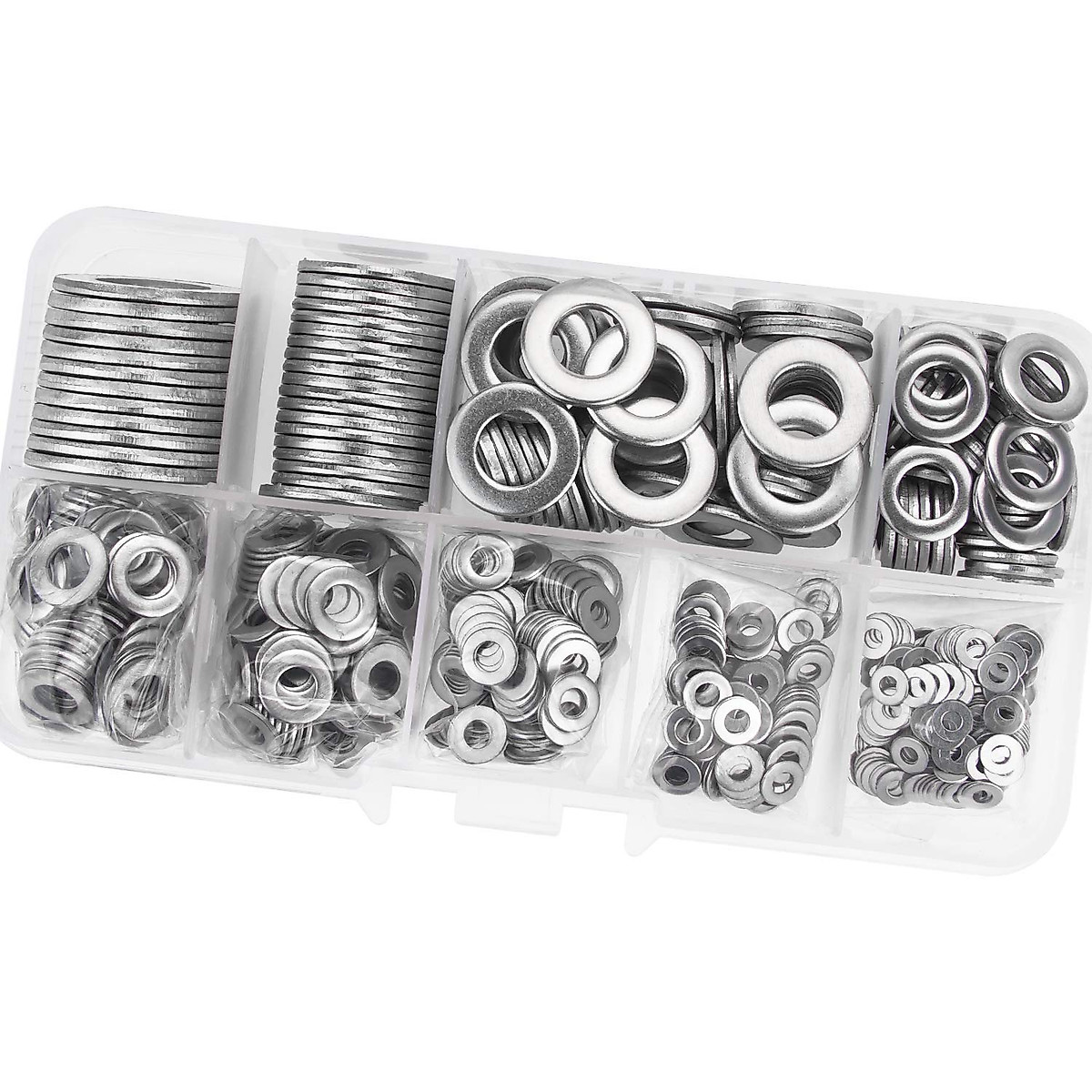 DYWISHKEY 700 Pieces 9 Sizes Stainless Steel Flat Washers Assortment Kit (M2 M2.5 M3 M4 M5 M6 M8 M10 M12)