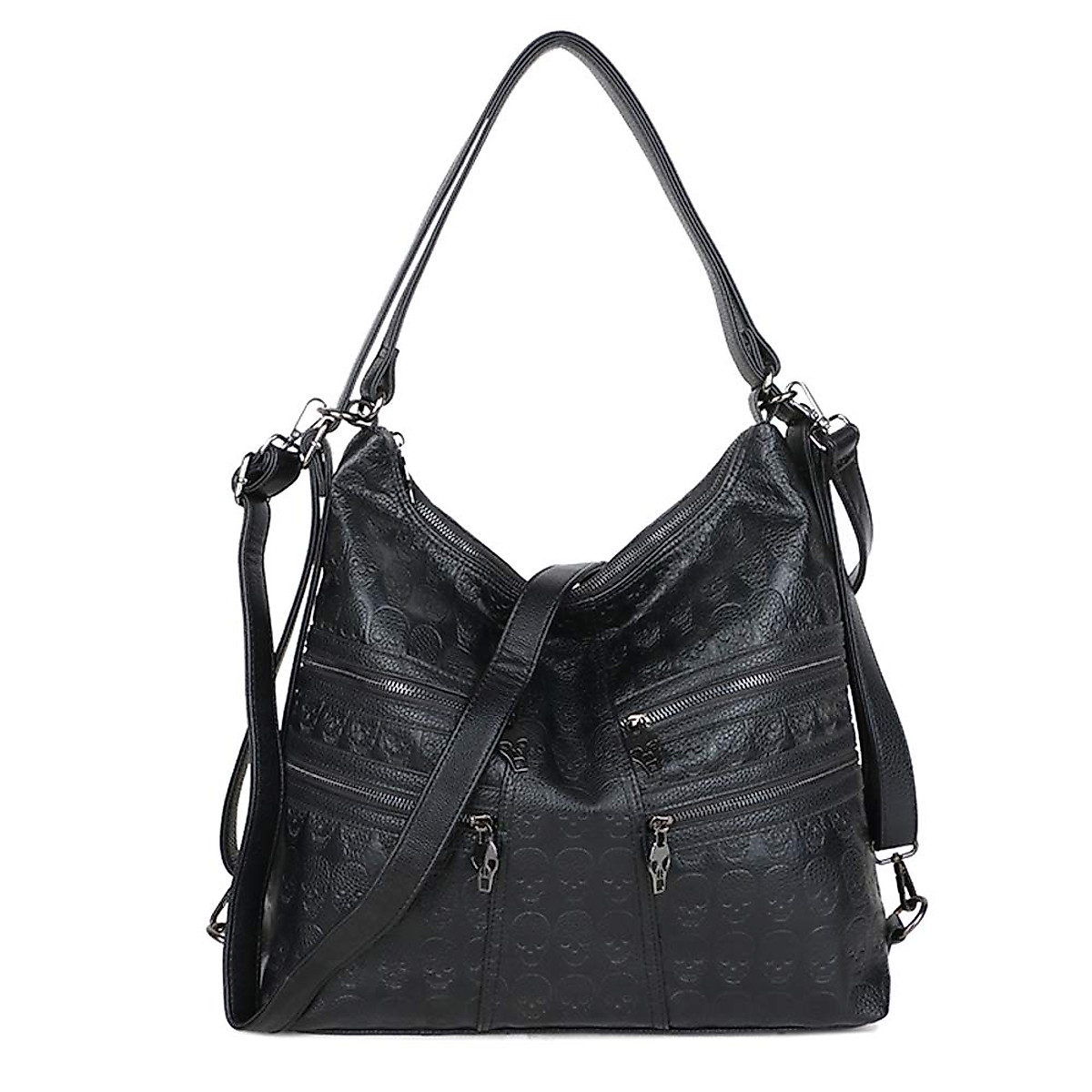 Chikencall Over-size Skull Print Bucket Bag or Women 3 Ways Multifunction Backpack Shoulder Bag Vegan Leather Punk Rock Large Crossbody Bag Black-Skull-print