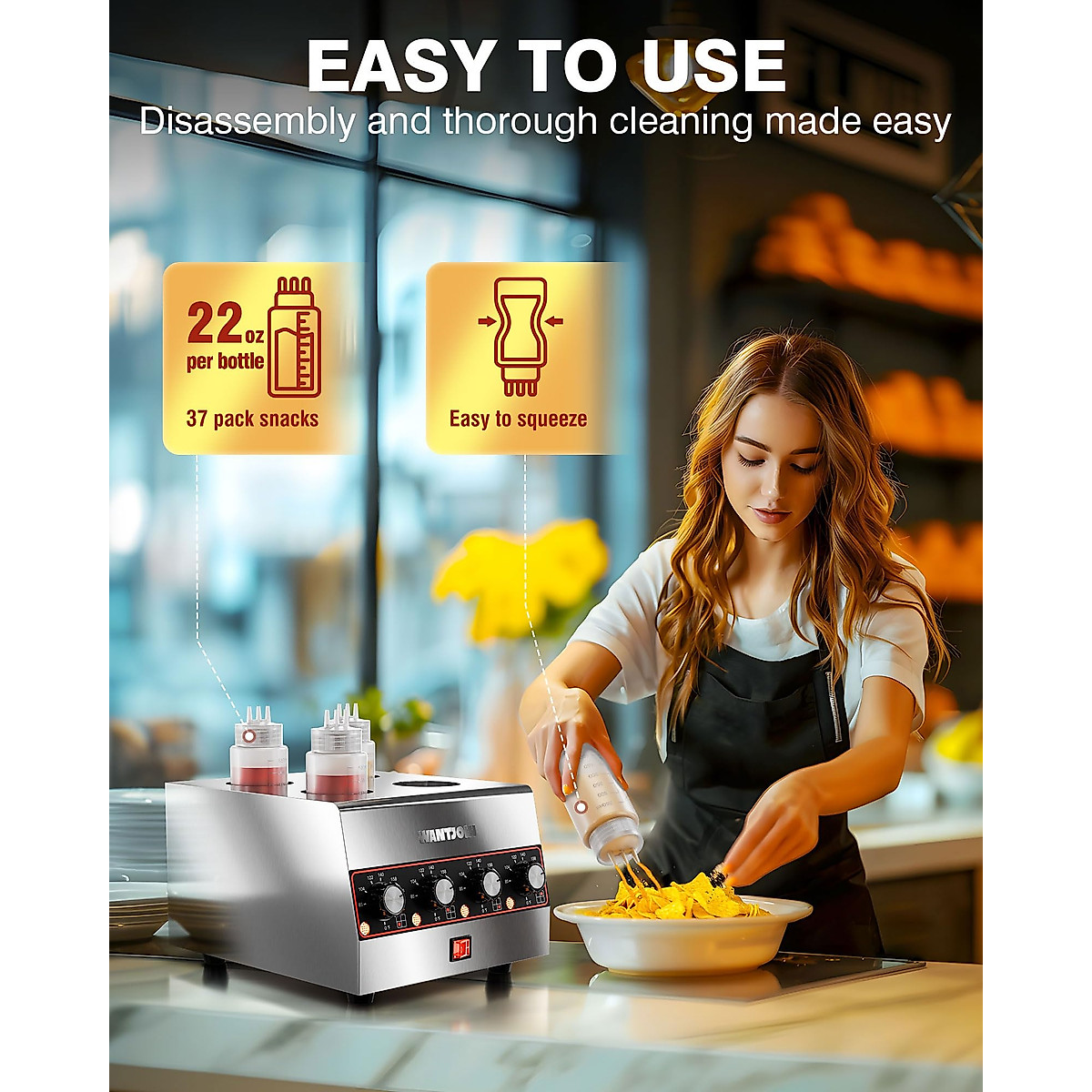 WantJoin Electric Sauce Warmer Dispenser, Countertop Stainless Steel Sauce Heat Preservation Machine 320W Hot Fudge Nacho Cheese Ketchup Chocolate Warmer for Commercial with 650ml Squeeze Bottle*4