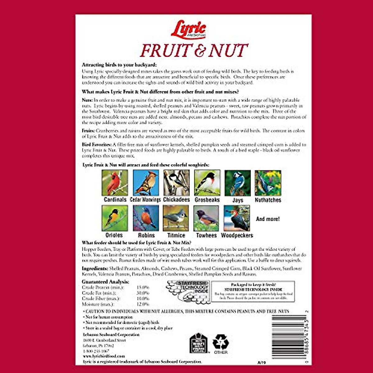 Lyric Fruit and Nut Wild Bird Seed - High Energy Wild Bird Food Mix - Attracts Woodpeckers, Chickadees & Other Songbirds - 20 lb bag