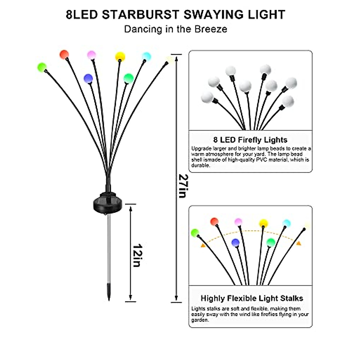 Solar Garden Lights, 8 Pack 64 LED New Upgraded Solar Firefly Lights Outdoor Waterproof, High Flexibility Starburst Swaying Solar Lights, Solar Garden Outdoor Lights for Yard Patio Pathway, Multicolor