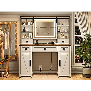 AOGLALTI Farmhouse Vanity Desk with Mirror and Lights, Makeup Vanity with Lights & Charging Station, Large White Vanity Table with Ample Storage Space and Sliding Mirror (White)