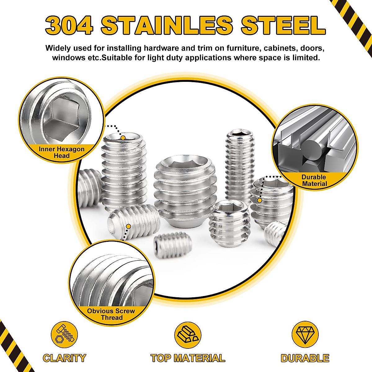 TOTFSTNR 230Pcs 304 Stainless Steel Socket Set Screws Assortment Kit, M3 M4 M5 M6 M8 Grub Screws with Hexagon Socket, Hex Allen Head Screw Set Kit for Door Handles, Light Fixture (Metric)