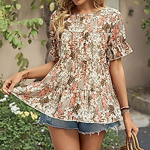 Women's Fashion Casual Summer V Neck Prints Stitching Short Sleeve Loose T Shirt Top Khaki