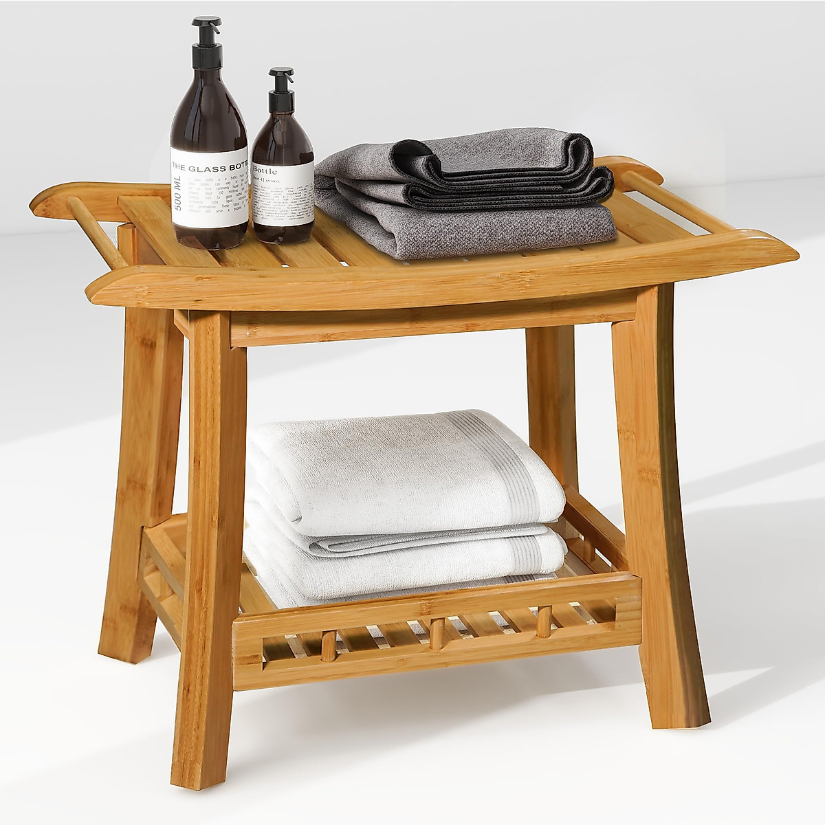 RANDEFURN Bamboo Shower Bench Waterproof, 2-Tier Spa Seat Bath Stool, Storage Shelf with Fence, for Shaving Legs or Shower Bath Chairs Spa Seats for Bathroom,(Natural)