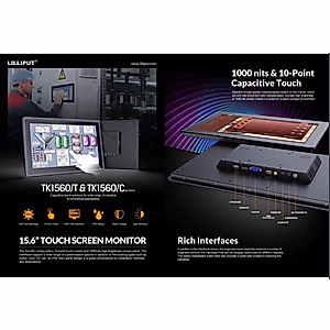 LILLIPUT 15.6" TK1560/T 10-Point Touch Screen Monitor and 1000 nits high Brightness IP65 Front Panel Design with HDMI, VGA, AV Metal Frame Touch Screen Monitor