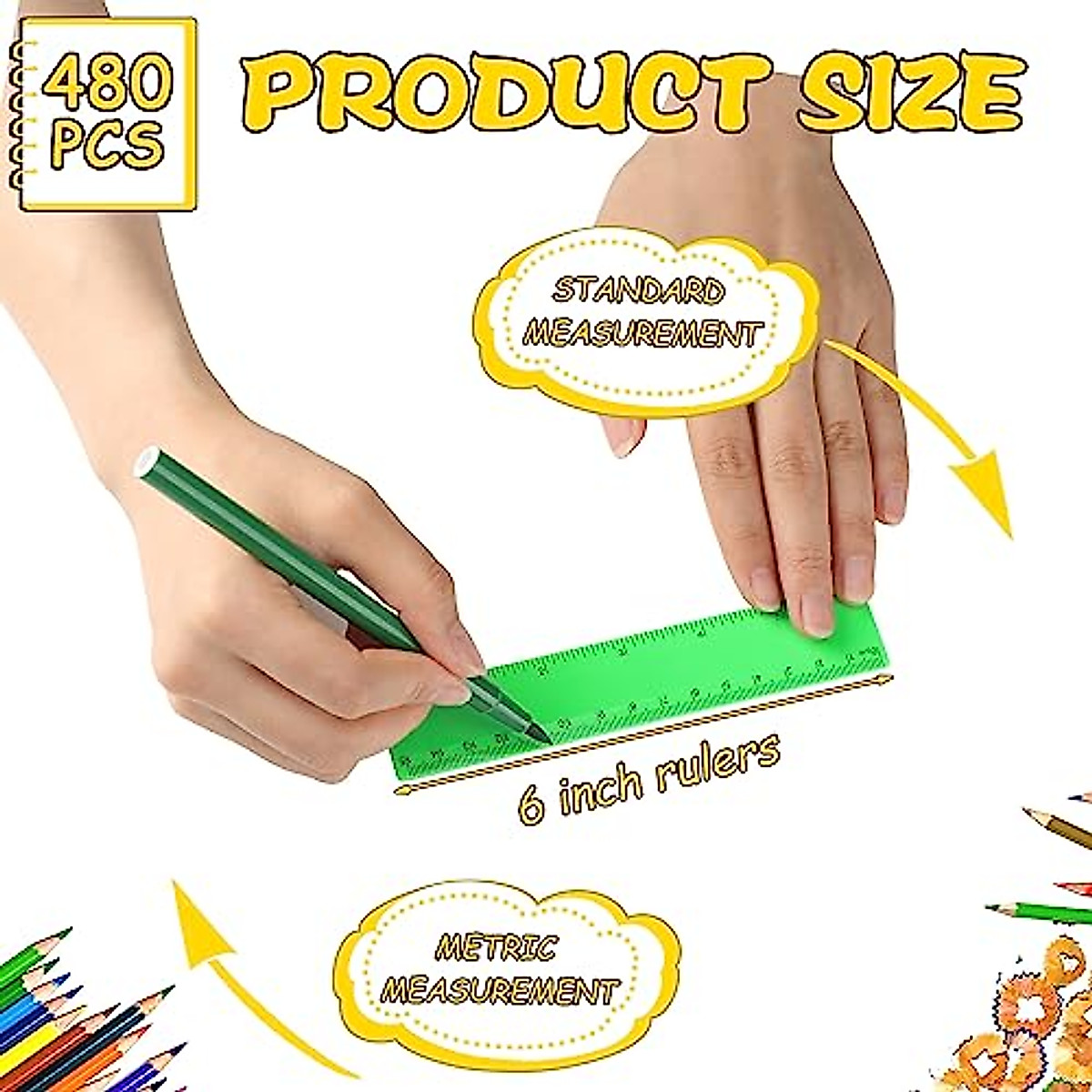 Harloon 480 Pack Clear Color Plastic Ruler Bulk for Classroom Kids Student Back to School Office Supplies Straight Rulers with Centimeters Inches 8 Colors Transparent Flexible Ruler (6 Inch)