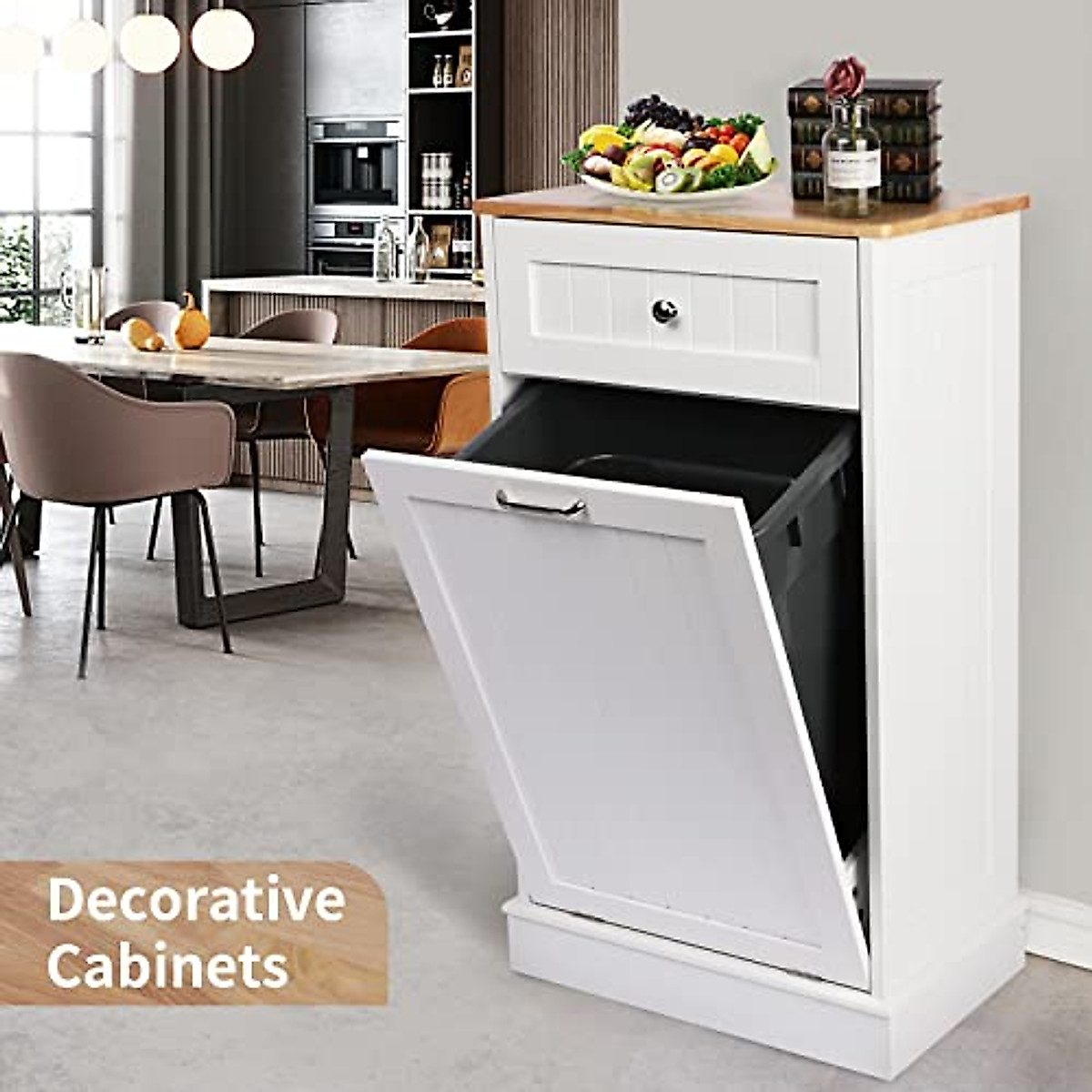 TOLEAD Tilt Out Trash Cabinet,Antique-Style Beadboard Kitchen Island with Solid Wood Tabletop & Drawer, Pet Proof Trash Can, Wood Laundry Cabinet (White)