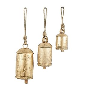 Deco 79 Metal Decorative Cow Bells Tibetan Inspired with Jute Hanging Rope, Set of 3 10",8",6"H, Gold