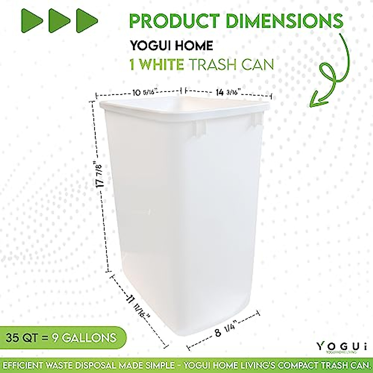 Yogui Home Living Plastic Trash Can - 35-Quart (9-Gallon) - Indoor Garbage Bin for Kitchen, Home, Office and Commercial Use - Large Waste Disposal Tub, Plastic Waste Container- White.