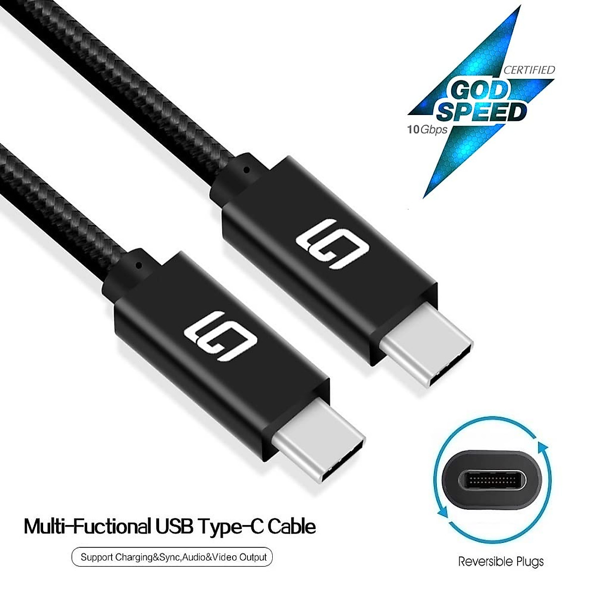 GodSpin USB C to USB C Cable (10Gbps) SuperSpeed [Certified] USB Type-C to USB Type-C, 100W Power (USB 3.1, 3.2, Thunderbolt 3) Nylon Braided, Dual 4k or Single 5k @60hz Display (10ft/10Gbps)