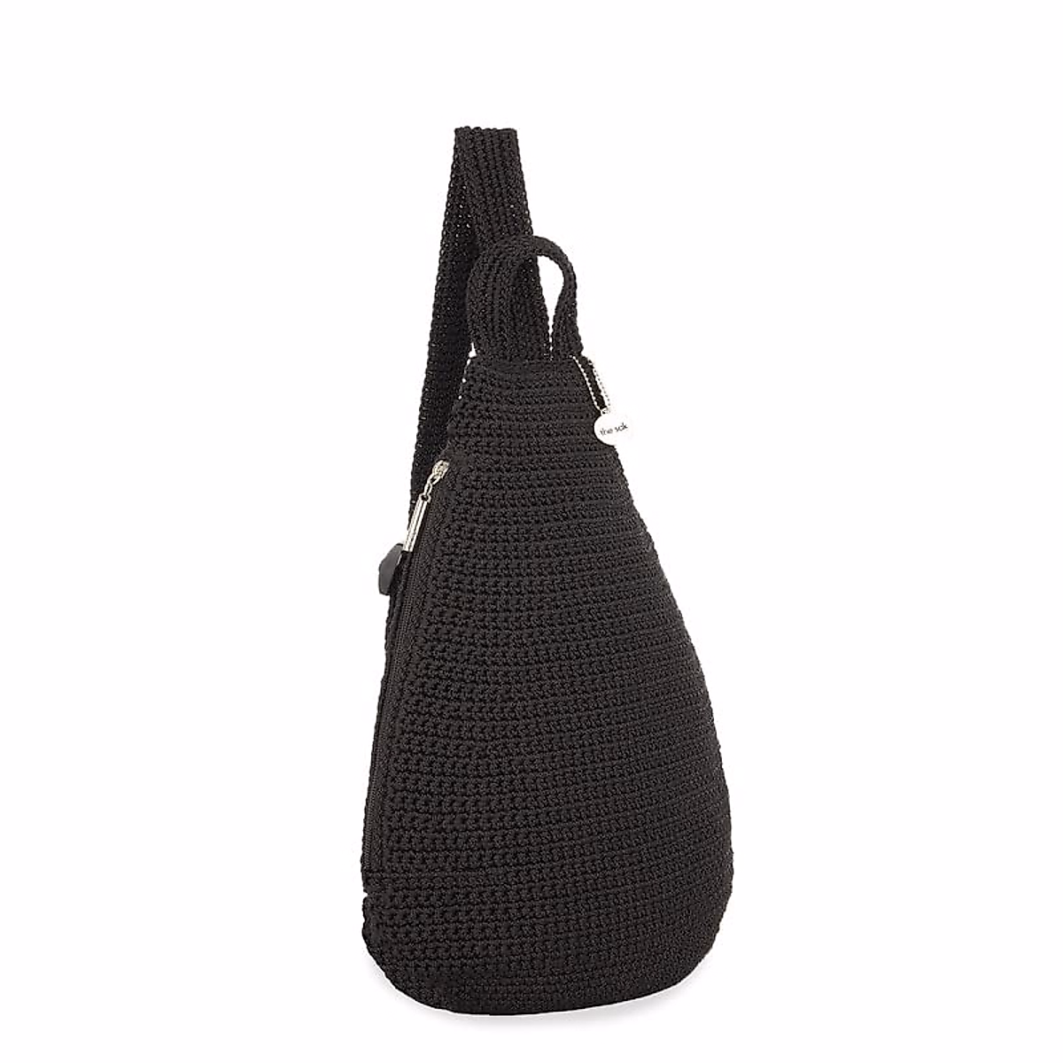 The Sak Geo Sling Backpack in Crochet, Single Sling Shoulder Strap, Black