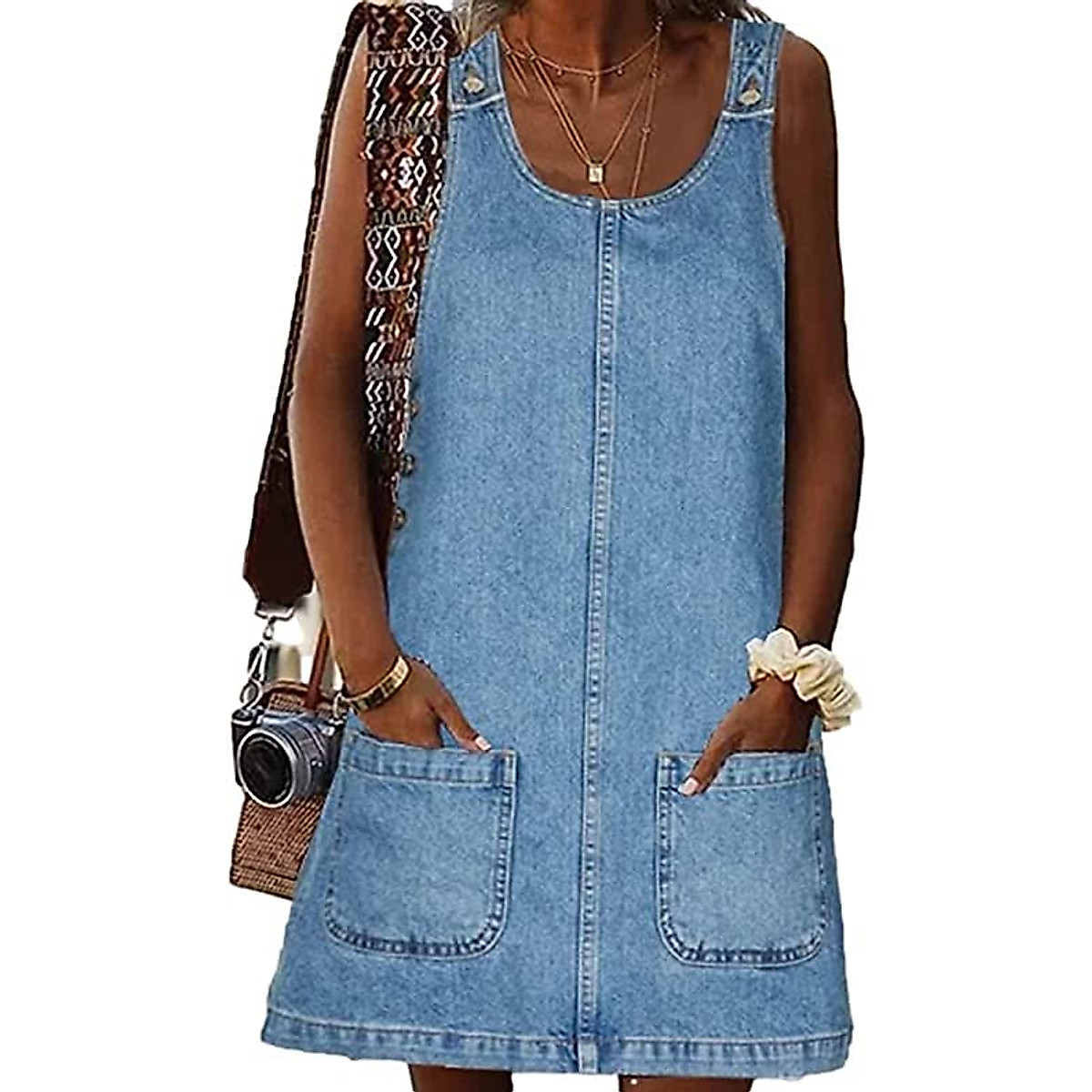 BZB Women's Sleeveless Casual Denim Dress Crewneck Vintage Overall Mini Dress with Pockets (Blue, X-Large)