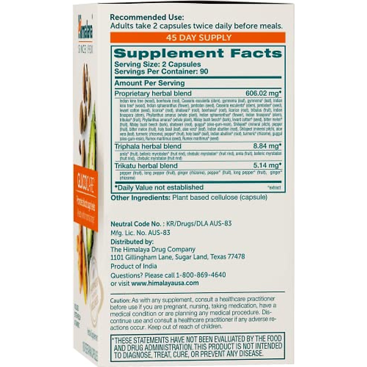 Himalaya GlucoCare Herbal Supplement, Glucose Metabolism, Pancreatic Support, Triphala, Bitter Melon, Turmeric, Gluten Free, Vegan, 180 Capsules, 45 Day Supply