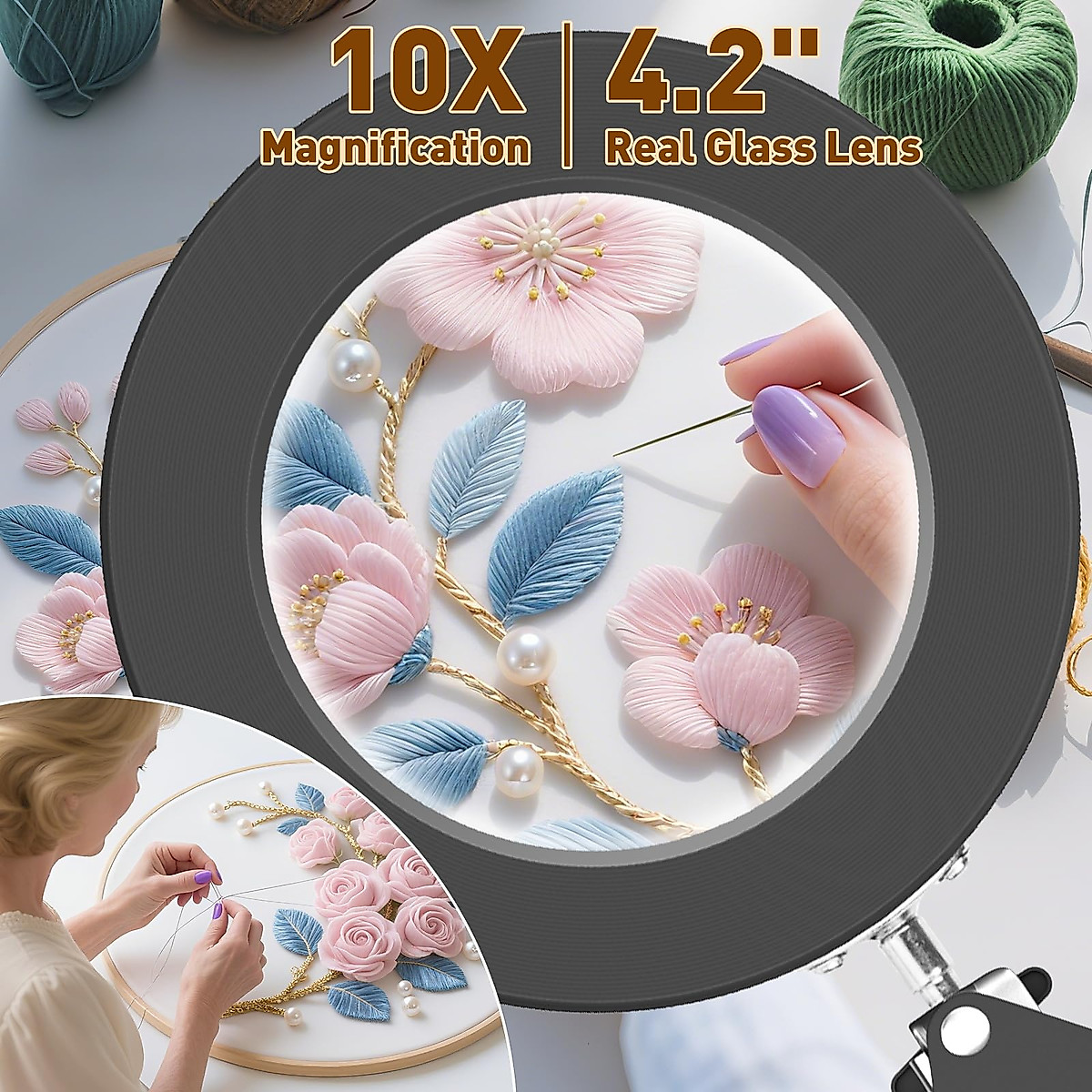 5X Magnifying Glass with Light and Stand, KIRKAS 2-in-1 Real Glass Lens Magnifying Desk Lamp with Clamp, 3 Color Modes, Stepless Dimmable Magnifier Light for Close Work Repair Reading Crafts- Black