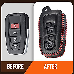Slohif for Toyota Leather Key Fob Cover Accessories for 2018-2022 Camry RAV4 Highlander Avalon C-HR Prius Corolla GT86 4 Buttons, Leather Case+D-Ring+Hook(Black)