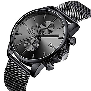 GOLDEN HOUR Men’s Watch Fashion Sport Quartz Analog Mesh Stainless Steel Waterproof Chronograph Watches, Auto Date in Grey Hands, Color: Black