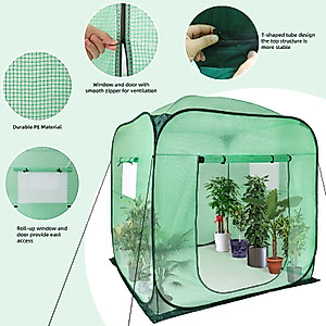 Upgraded Pop-Up Plant Greenhouse for Outdoors with Roll-up Zipper Entry Doors and Windows, Durable PE Cover, Walk-in and Portable Fast Set-up Green House with Ground Pegs & Ropes for Stability