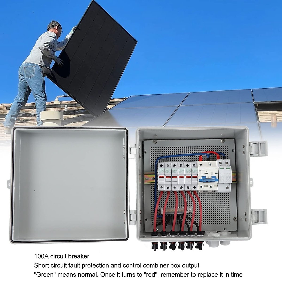 PV Combiner Box, 6 String Solar Combiner Box with 100A Circuit Breaker, 15A Rated Current and 40KA Protective Device IP67 Waterproof for On Off Grid Solar Panel System