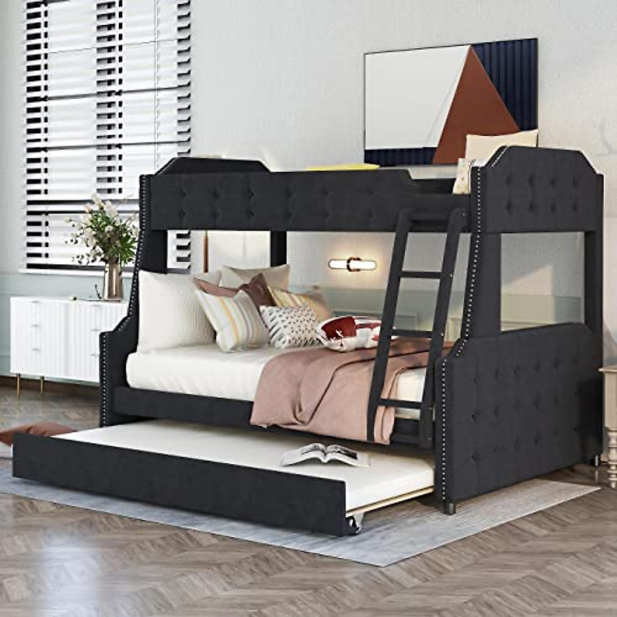 DEYOBED Twin Over Full Velvet Upholstered Bunk Bed with Trundle and Ladder, Tufted Button Design Wooden Bed Frame for Kids Teens Bedroom, Space Saving, Black