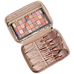 NISHEL Large Double Layer Travel Makeup Bag Women, Cosmetic Case, Organizer for Travel-Size Accessories Bottles, Brushes, Conditioner, and Skin Care Products, Pink