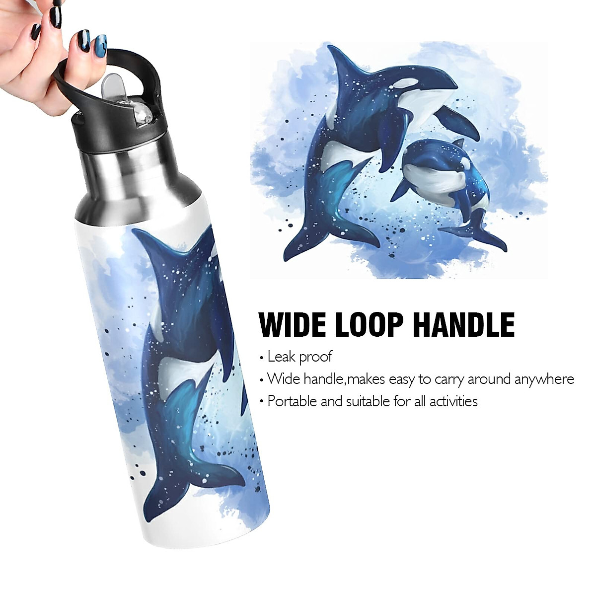 TropicalLife Insulated Water Bottle Watercolor Ocean Killer Whale Water Bottle with Straw Stainless Steel Bottle Vacuum Insulated Tumblers for School Sports