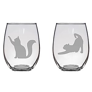 Playful Cat Etched Stemless Wine Glass Set - Set of 2/4/6/8-20.5oz Glassware (Set of Two (2))