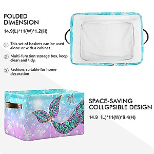 Rectangular Storage Basket Storage Bin - Mermaid Fish Scale Collapsible Storage Box with Leather Handles Shelf Basket Organizer for Home,Office,Nursery,Dorm,Shelf