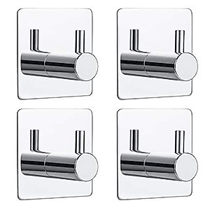 Bylion 4 Pack Silver Adhesive Wall Hooks, Adhesive Chrome Hooks Bathroom Towel Hooks Chrome SUS 304 Stainless Steel Wall Hooks, Heavy Duty Waterproof Hooks, Robe Hooks for Bathroom Kitchen Bedroom