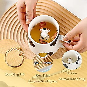 BigNoseDeer Cute Ceramic Cow Coffee Mug with 3D Animal Inside Kawaii Tea Cup with Spoon and Lid Cow Print Stuff Christmas Gifts Birthday Mother's Day Cute Gifts for Women Kids 12oz (Cow)