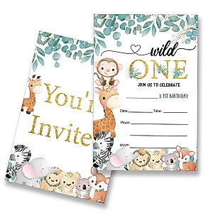 EUDOSI Wild One 1st Birthday Party Invitations Supplies Fill-In Set of 20 with Envelopes Jungle Animals 1st Birthday Bash Invites Cards, Double Sided