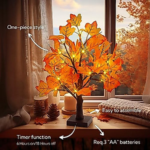 Woohaha 24LED Fall Tree Lighted Maple Tree,Thanksgiving Decoration Maple Leaf Table Tree,Timer Battery Operate Fall Decor Lights for Indoor Outdoor Holiday Autumn Harvest Xmas Party Home Decor