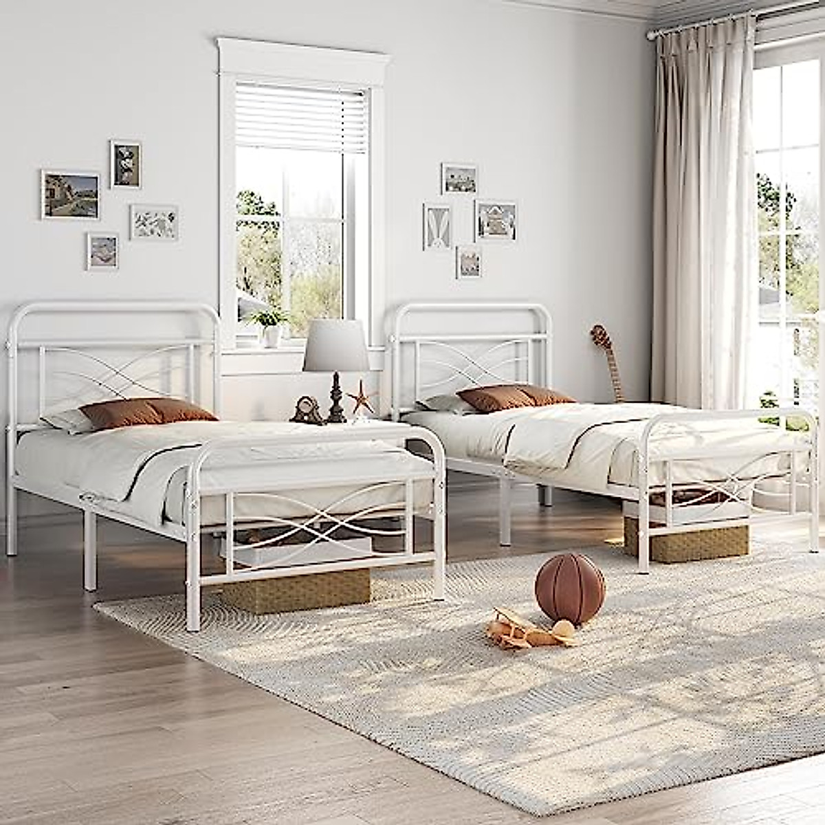 Topeakmart Twin Bed Frames Metal Bed with Vintage Style/Criss-Cross Design Headboard/Mattress Foundation/No Box Spring Needed/Under Bed Storage/Strong Slat Support White Twin Bed