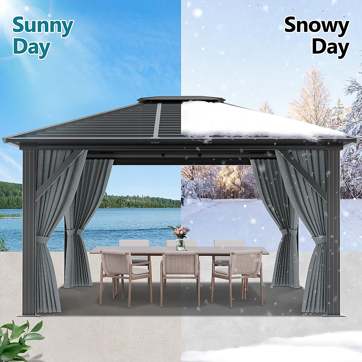 Raysfung 10' x 12' Hardtop Gazebo, Galvanized Steel Roof Gazebo with Netting and Curtains, Outdoor Permanent Pavilion for Patio, Garden, Backyard