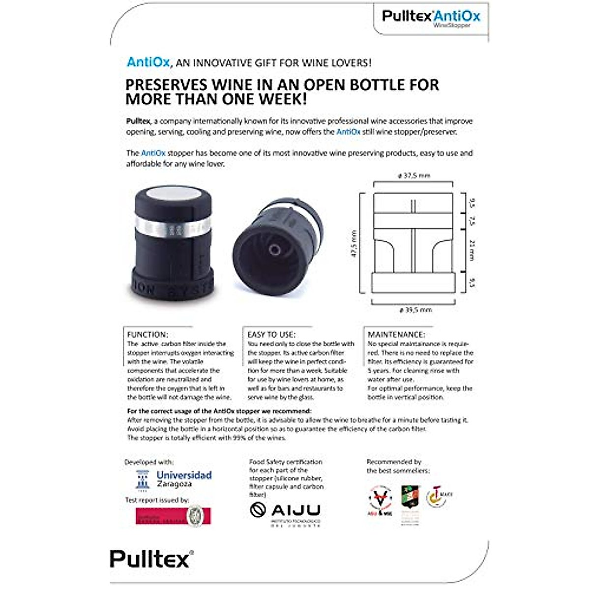 Wine Preserver and Stopper by PullTex│Save Your Open Wine and Keep it Tasting Fresh For Up To 10 Days with Our Patented System of Preventing Wine Oxidation│1000 Uses Guaranteed