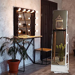 MASMIRE 360 Swivel Full Length Mirror With Storage & Built-In Light, 63.7'H Mirror Jewelry Cabinet Standing With 3 Drawers - Lockable Jewelry Armoire With 3 Storage Racks - White