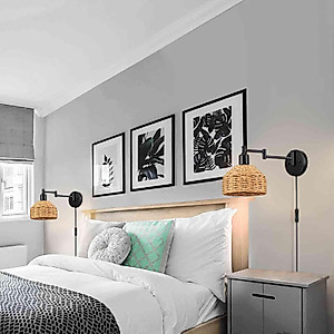 Plug in Wall Sconces, Swing Arm Wall Lamp with Natural Paper String Lampshade Set of 2, Vintage Adjustable Wall Mounted Sconce Wall Lighting Fixture for Bedroom,Bedside,Kitchen,Living Room,Reading